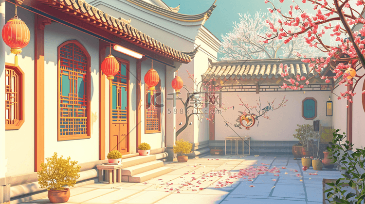 手绘古色古风古建筑庭院10插画图片 千库网