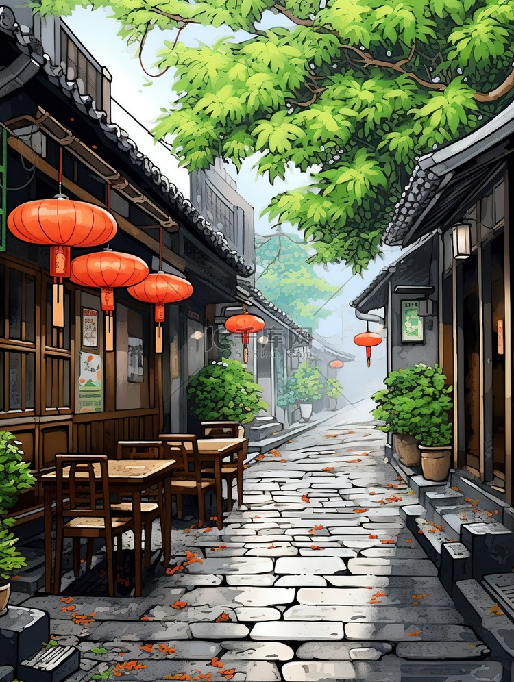 江南古镇的小巷子矢量插画图片 千库网