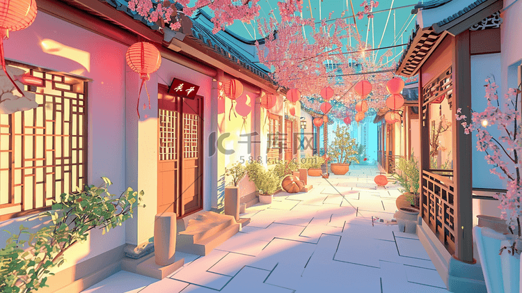 中国风中式庭院中式建筑大气10插画图片 千库网