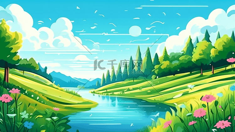 绿色的植物和花朵童书风格为背景插画图片 千库网