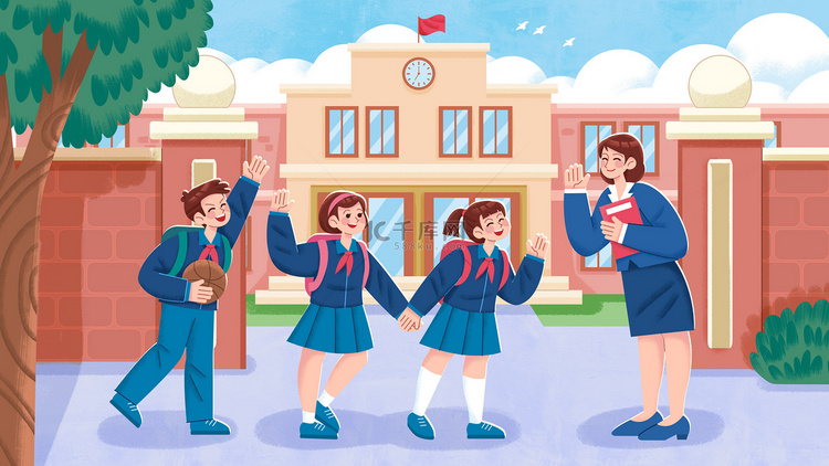 学校校园老师学生礼貌问候打招呼插画图片 千库网