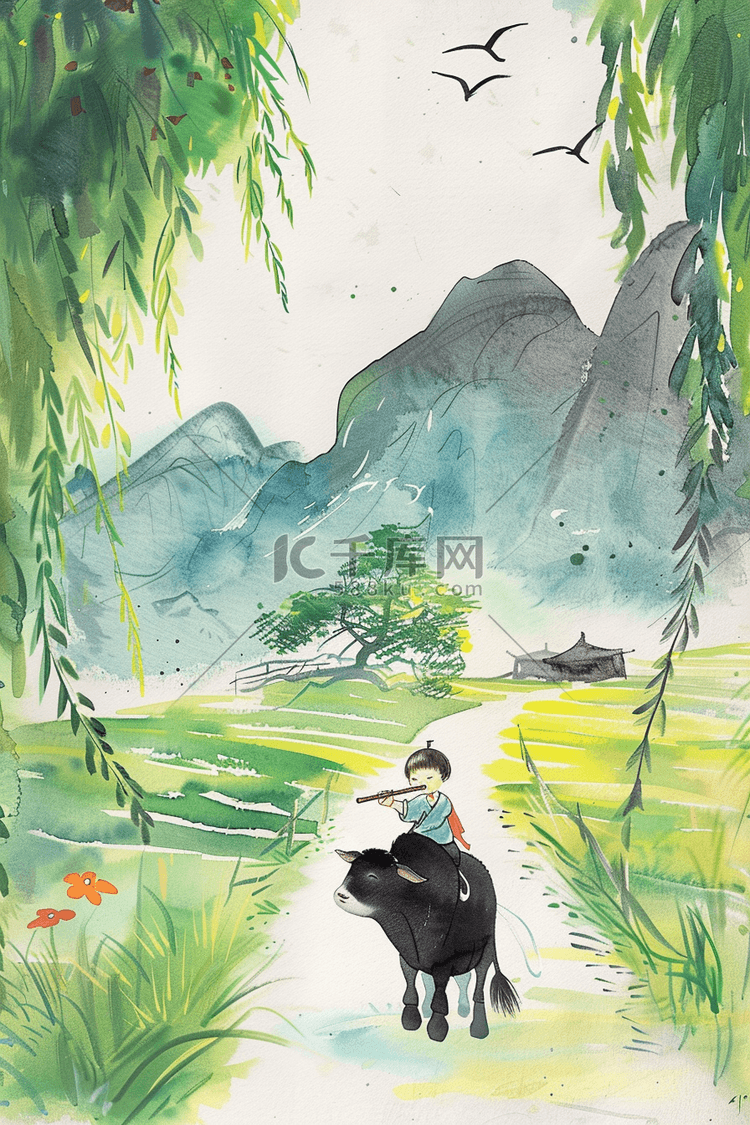 清明节海报牧童放牛柳树手绘插画图片 千库网
