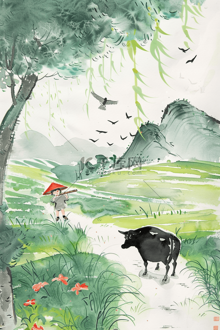 清明节牧童放牛手绘柳树海报设计插画图片 千库网