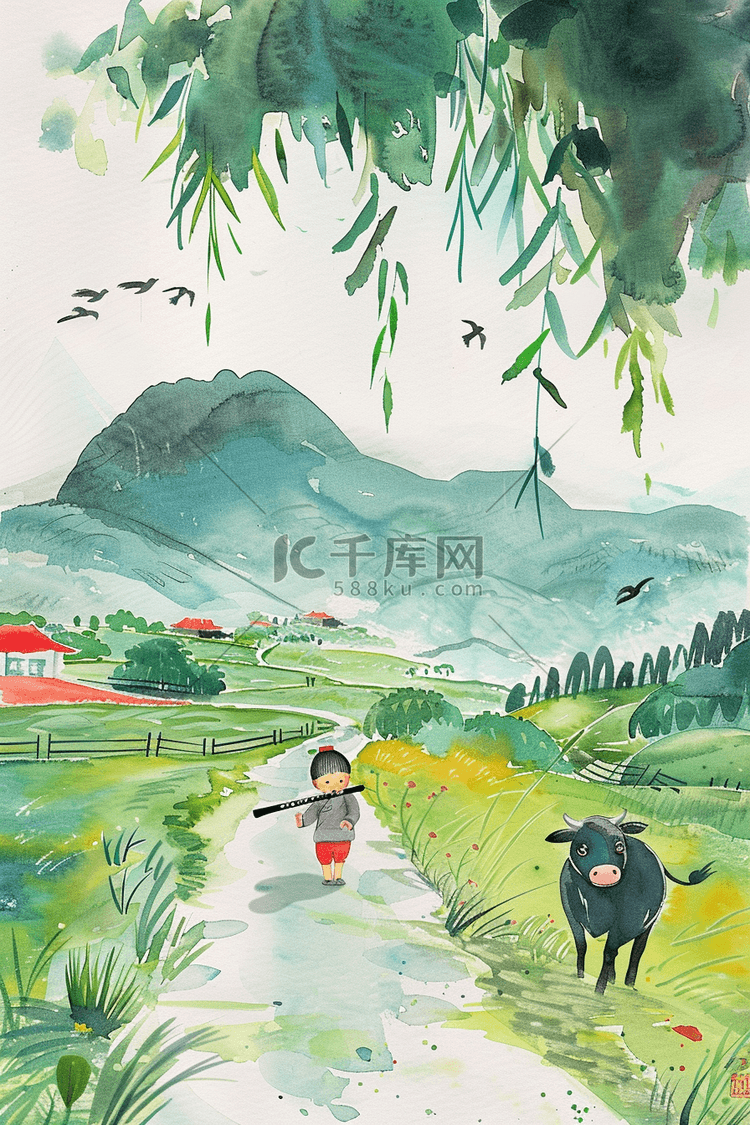 牧童放牛柳树手绘清明节海报插画图片 千库网