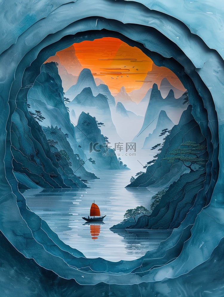 莫兰迪色纸艺轻舟万重山海报插画图片 千库网