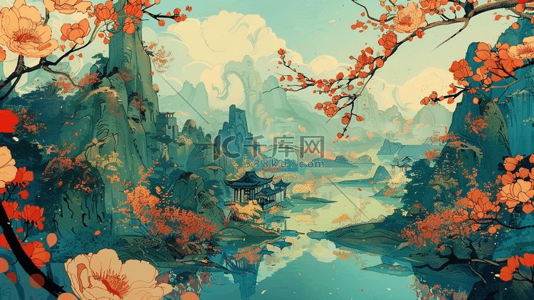彩色手绘国画亭子山水景区风景的插画图片 千库网