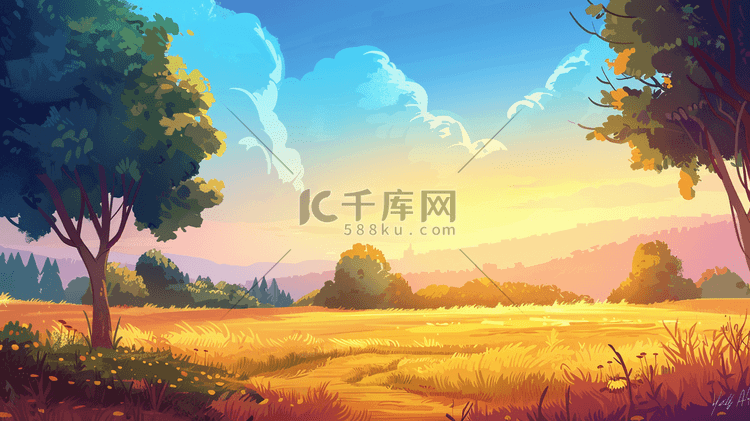 彩色手绘绘画户外田地农田的插画图片 千库网