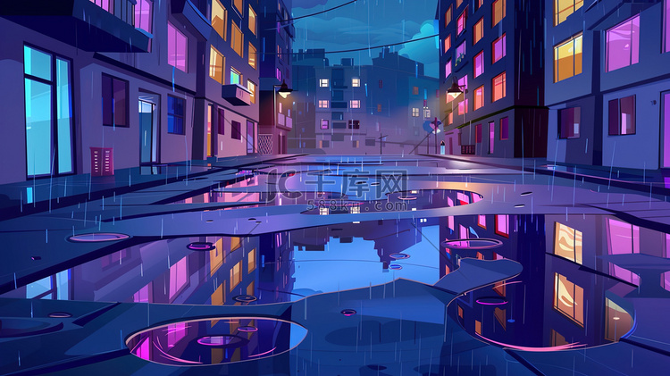 晚上雨天下雨院子积水插画图片 千库网