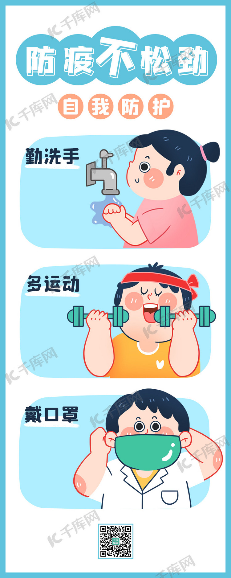 防疫知识疫情防疫蓝色趣味创意长图海报模板下载 千库网