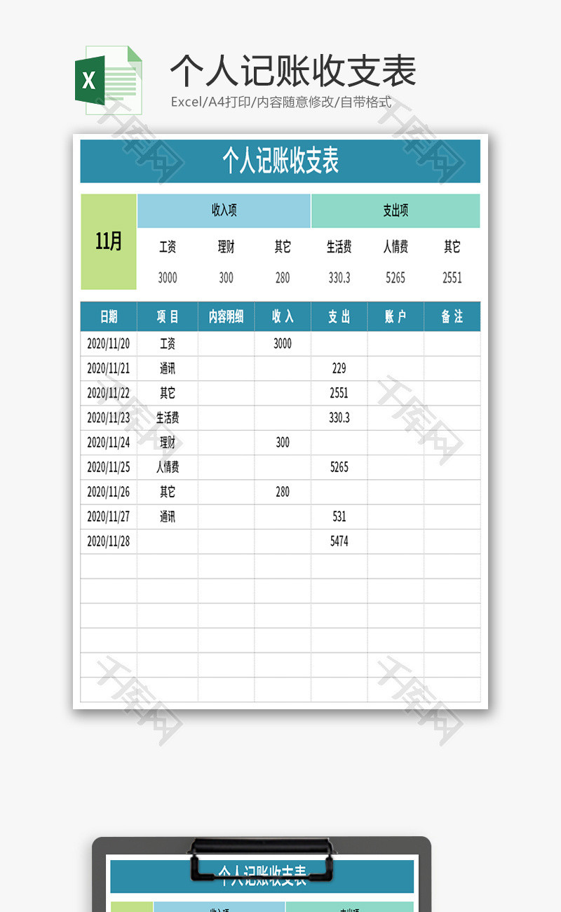 个人记账收支表excel模板千库网excelid：135213