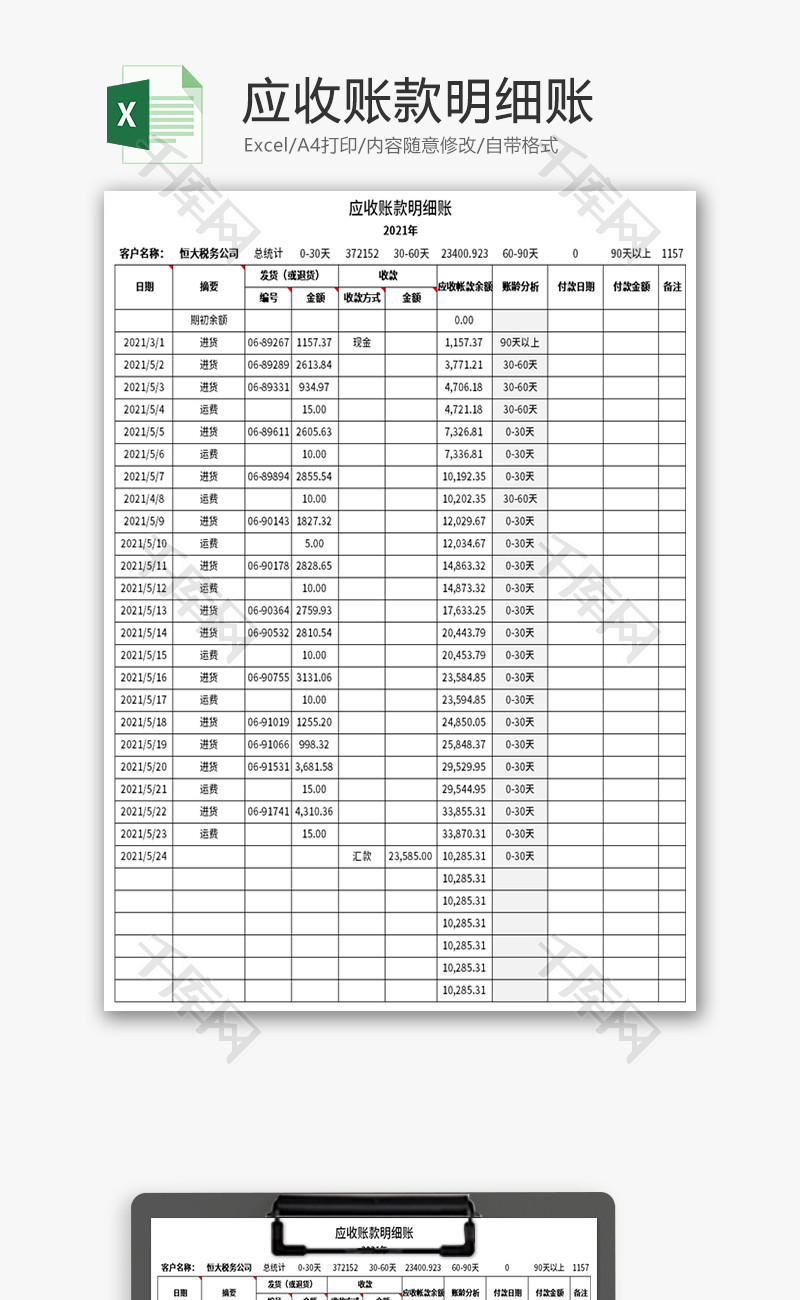 应收账款明细账Excel模板-免费excel表格模板下载-千库网