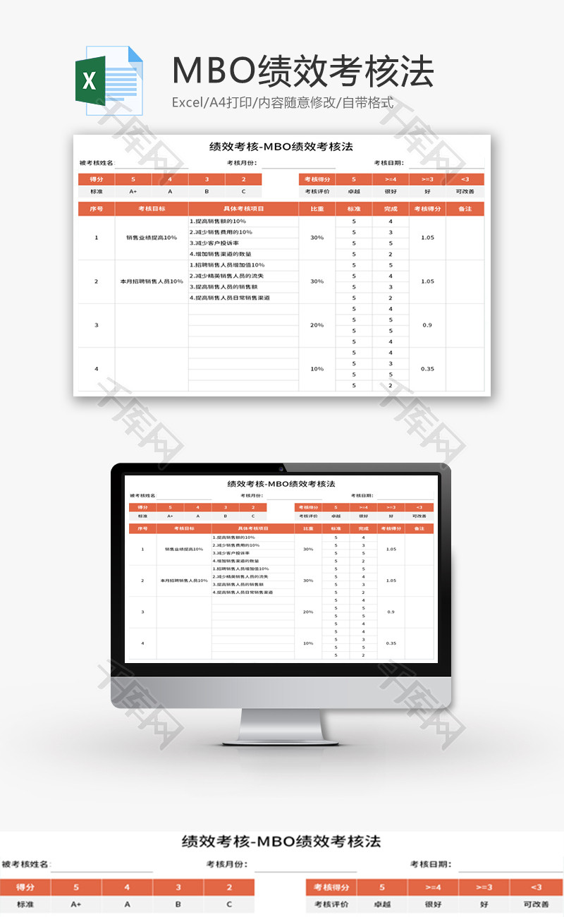 MBO绩效考核Excel模板-免费excel表格模板下载-千库网