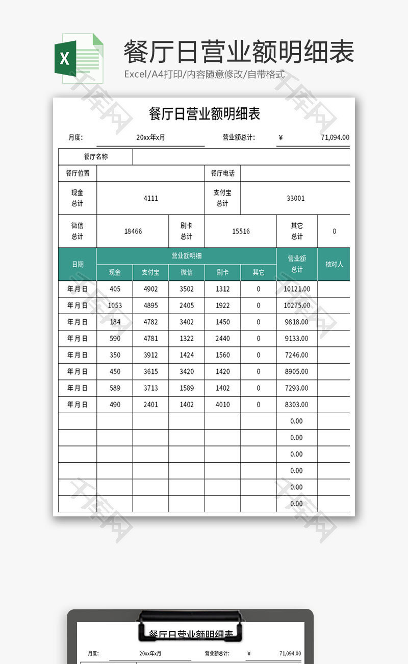 餐厅日营业额明细表excel模板千库网excelid：176038