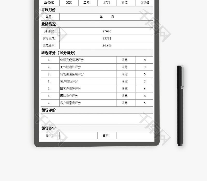 销售业绩考核表现评分表excel模板千库网excelid：180133