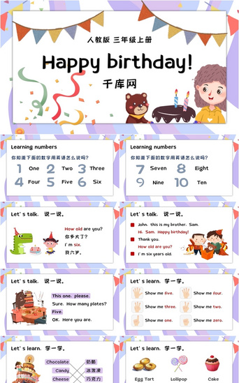 卡通手绘小学三年级英语Happy birthday!PPT-免费PPT模板下载-千库网
