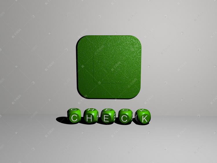 CHECK的3D表示，墙壁上有图标，文本用金属立方体字母排列在镜面，用于概念意义和幻灯片演示。图解和背景高清摄影大图-千库网