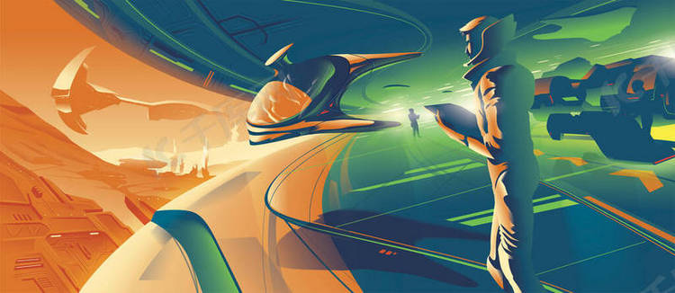 2079年火星上的一个殖民地的科学矢量图，其特点是个人飞行器正在进入车库，而巨大的宇宙飞船在天空中飞行.背景图片免费下载-千库网