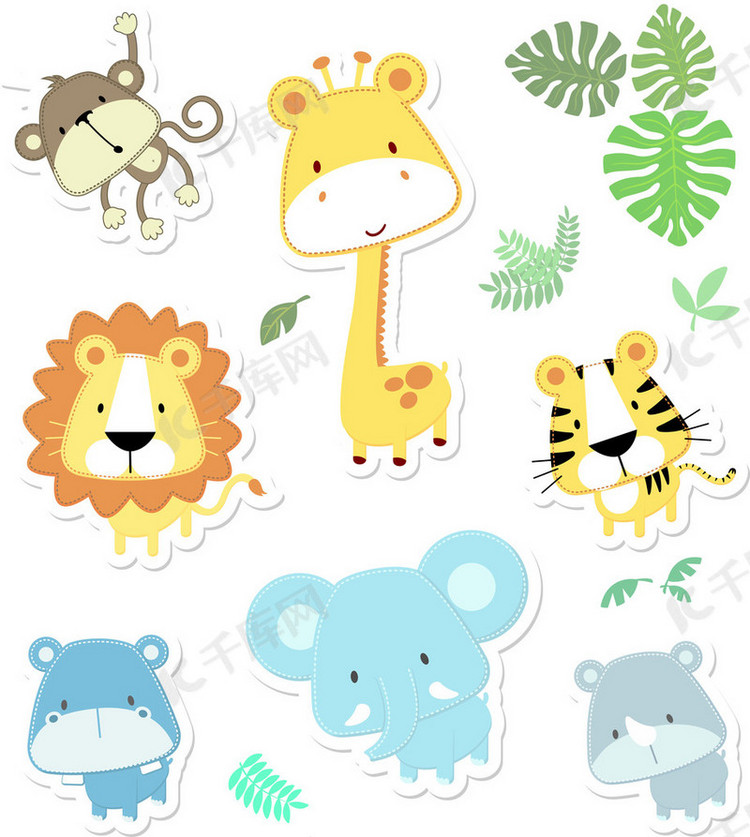 cartoon illustration of seven baby animals and jungle leaves背景图片免费下载-千库网
