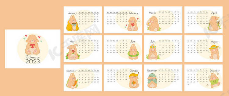 Vector vertical calendar 2023 with symbol of the year rabbit. Cute ...