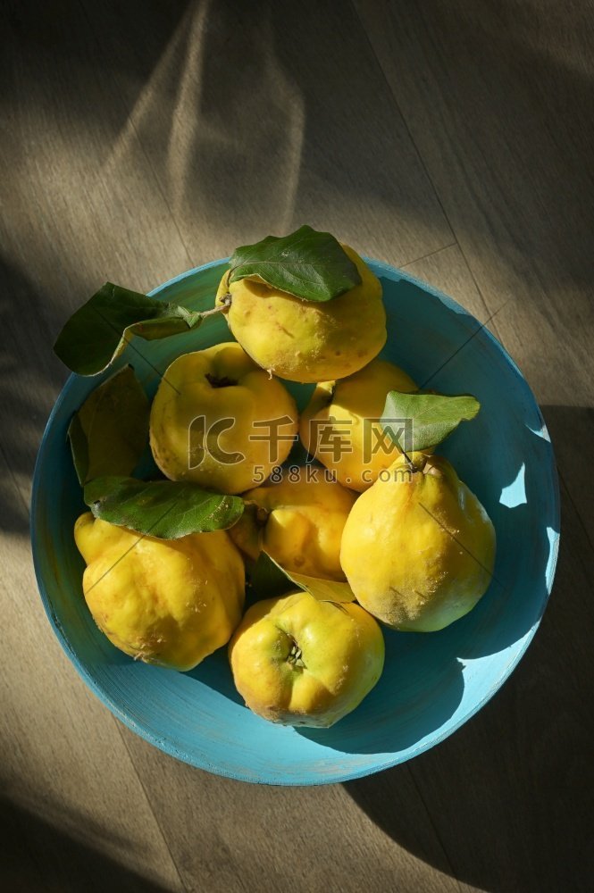 新鲜采收的榅桲 Cydonia Oblonga 和阴影的篮子高清摄影大图-千库网