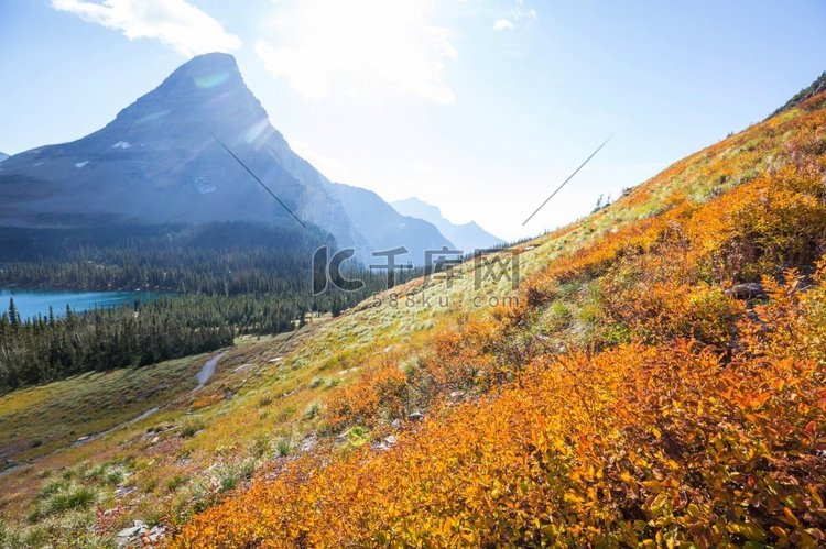 美国蒙大拿州冰川国家公园风景如画的岩石山峰。花海山峦高清摄影大图-千库网