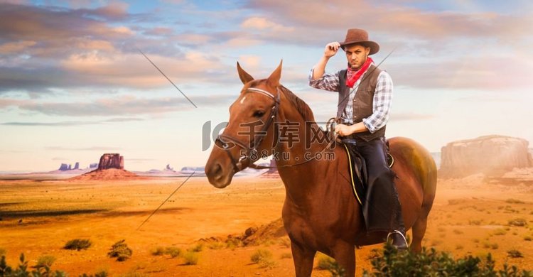 牛仔在沙漠山谷骑马，西部。伊犁马油画高清摄影大图-千库网