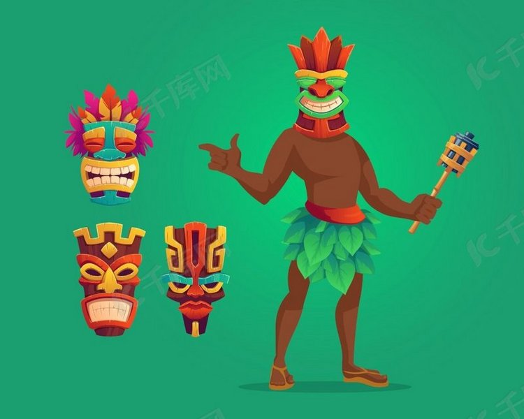 带火炬和面具的 Tiki 人、部落木制图腾、夏威夷或波利尼西亚人的特征和原住民在装饰面具与露齿的嘴巴鬼脸孤立的设计元素，卡通矢量图标集。背景图片免费下载_海报banner/高清大图_千库网 ...