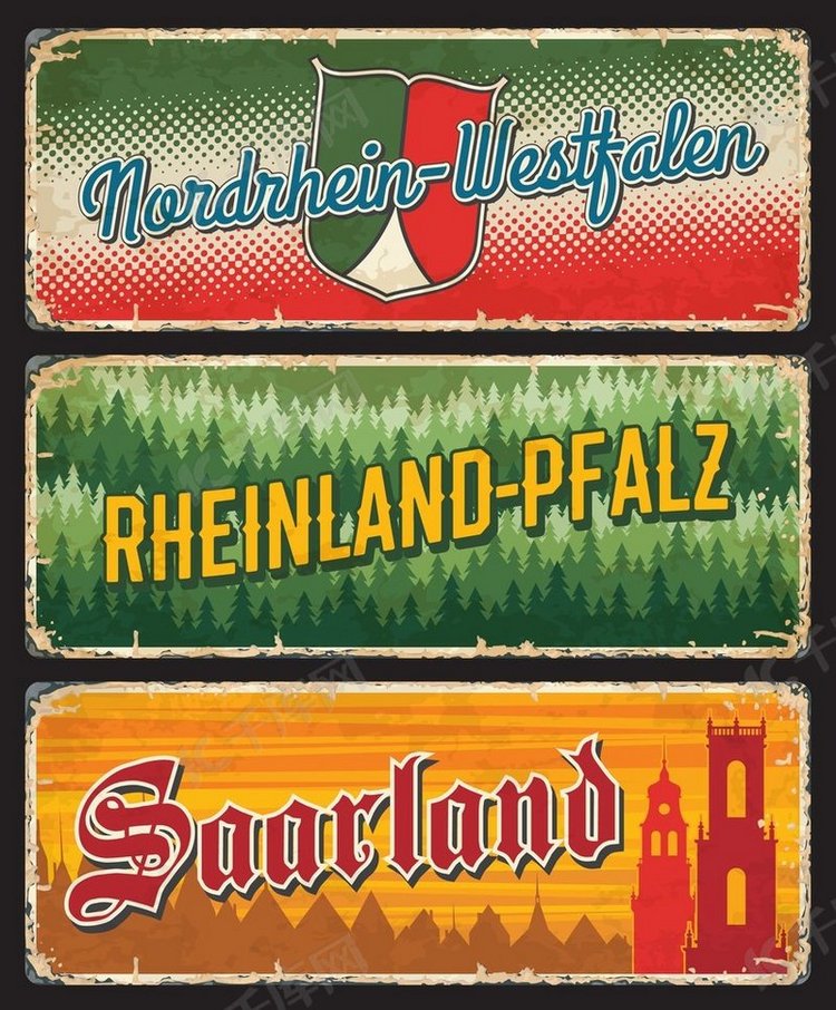 德国 Saarland、Nordrhein Westfalien 和 Rheinland Pfalz 金属板和矢量生锈尖齿标志。背景图片免费 ...