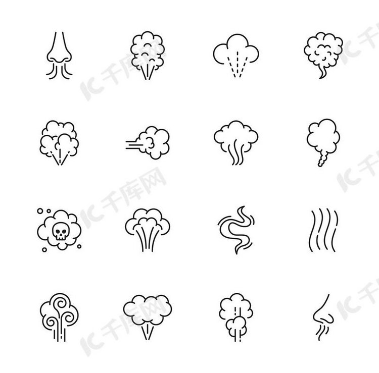 气味图标、烟雾蒸汽和鼻子闻气味气味、蒸汽或蒸汽、矢量线符号。背景图片免费下载_海报banner/高清大图_千库网(图片编号6204824)