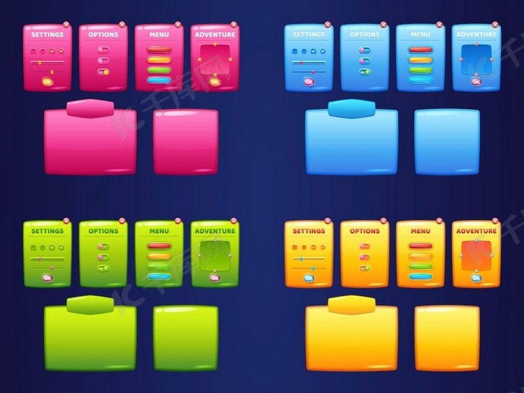 游戏菜单界面窗口、卡通选项、设置、带有 ui 按钮的冒险板、进度条和 gui 元素。背景图片免费下载_海报banner/高清大图_千库网(图片编号6215745)