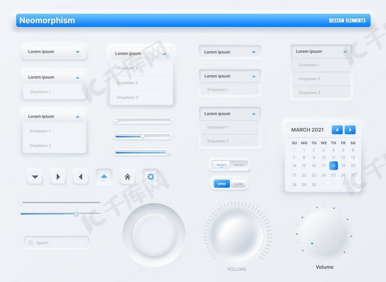 Neumorphic UI、用户界面按钮、搜索栏和开关。背景图片免费下载_海报banner/高清大图_千库网(图片编号6227333)