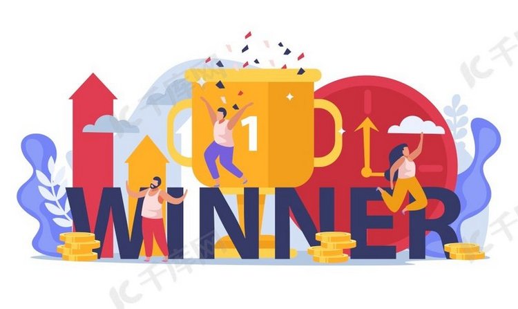 获胜者平面构图与文字和奖杯图像与五彩纸屑和人物矢量插图背景图片免费下载_海报banner/高清大图_千库网(图片编号6250476)