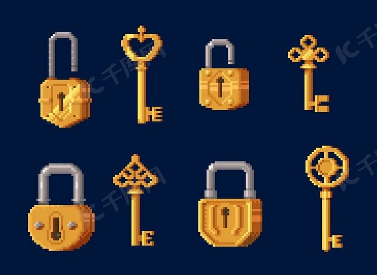 金钥匙和挂锁、像素艺术 8 位门锁和钥匙矢量图标的游戏资产。 背景图片免费下载_海报banner/高清大图_千库网(图片编号6214190)