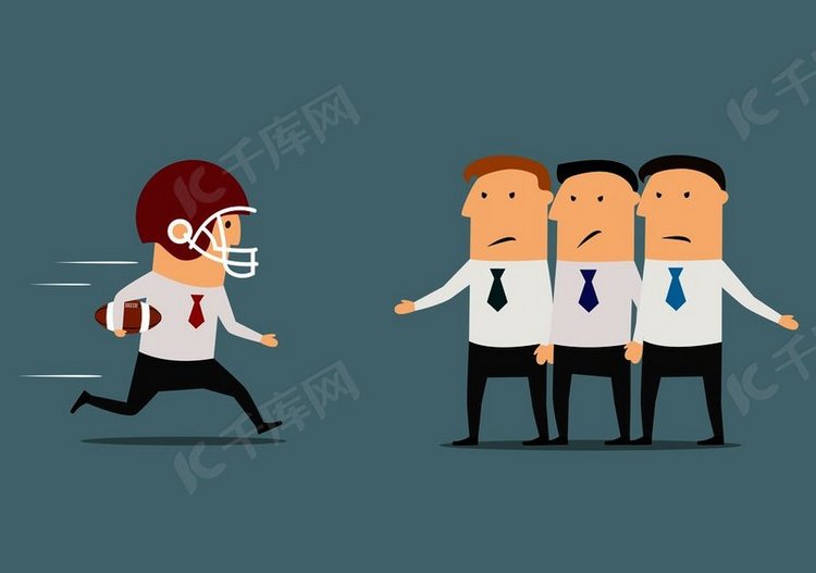 尽管有竞争对手的阻碍，但身着美式足球制服、充满自信的卡通商人冲向了球门。背景图片免费下载_海报banner/高清大图_千库网(图片编号6278272)