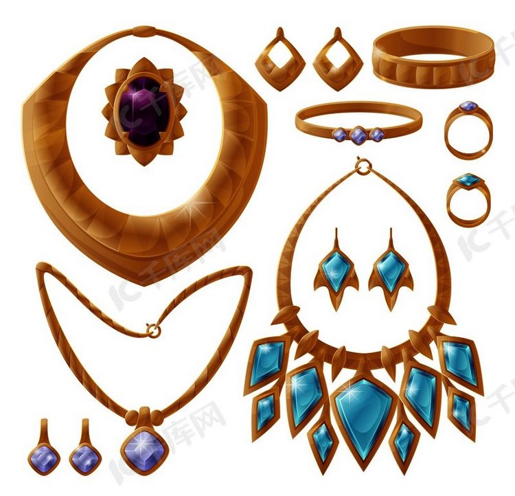Carcanet 和手镯套装、带宝石的黄金首饰、巨大的胸针、项链和链子、在矢量图上隔离的戒指配件系列。 背景图片免费下载_海报banner ...