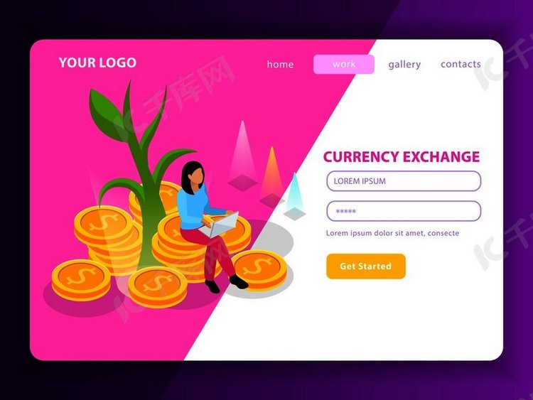 证券交易所等距登录页面组合，带有名为货币兑换的注册表和开始按钮矢量图背景图片免费下载_海报banner/高清大图_千库网(图片编号6284532)