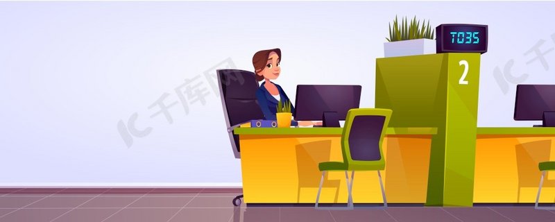 银行工作人员坐在办公桌前，为访客提供电脑和椅子，信贷或财务部门柜台与女员工，银行家女性在办公室提供服务，卡通矢量插图。背景图片免费下载_海报 ...
