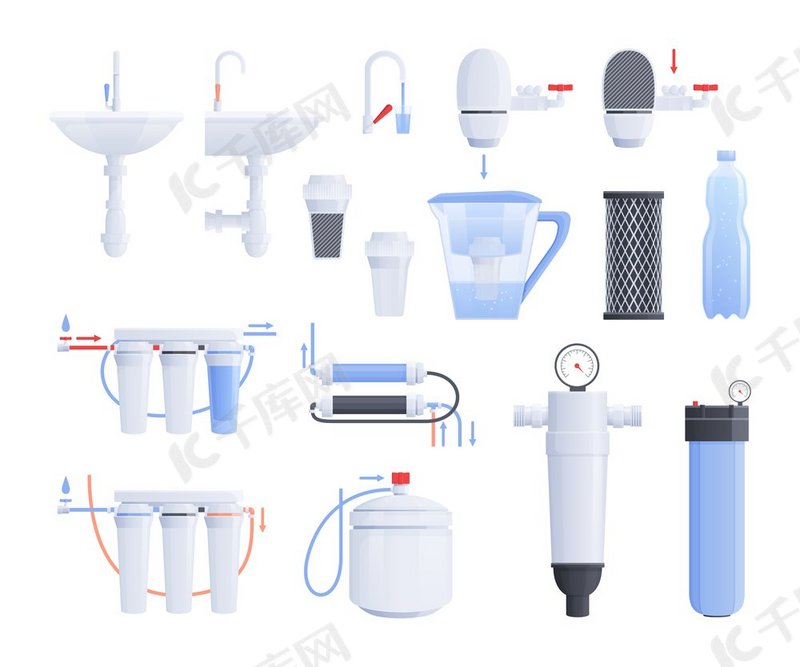 水过滤器平面图标集，具有不同类型的过滤器，用于冷水和热水矢量图解背景图片免费下载_海报banner/高清大图_千库网(图片编号6266576)