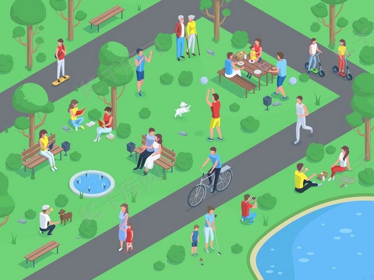 人们进行户外活动的等距城市公园景观。背景图片免费下载_海报banner/高清大图_千库网(图片编号6303120)
