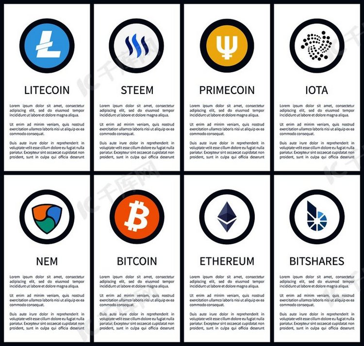 蓝色 litecoin、波浪 steem、黄色 primecoin、黑色 iota、彩色 nem、橙色比特币、rombic ethereum ...