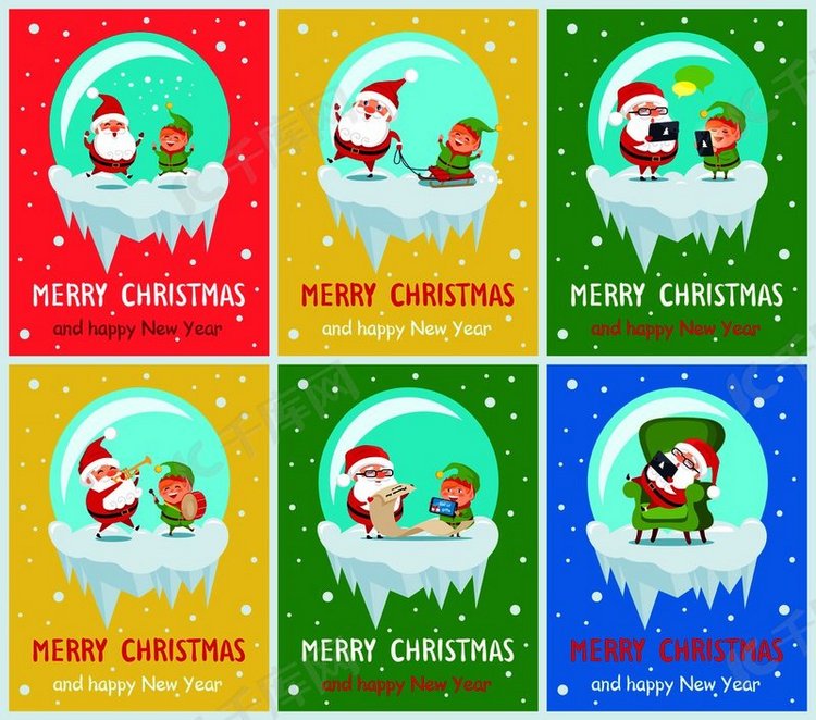 圣诞快乐，新年快乐，圣诞老人和助手跳跃，骑在雪橇上，吹喇叭和打鼓，圣诞老人睡觉，矢量图。背景图片免费下载_海报banner/高清大图_千库网 ...