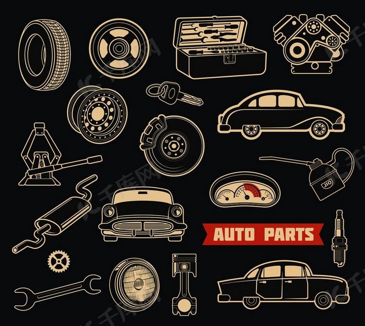 汽车零件和汽车服务的备件细节复古图标。背景图片免费下载_海报banner/高清大图_千库网(图片编号6313764)