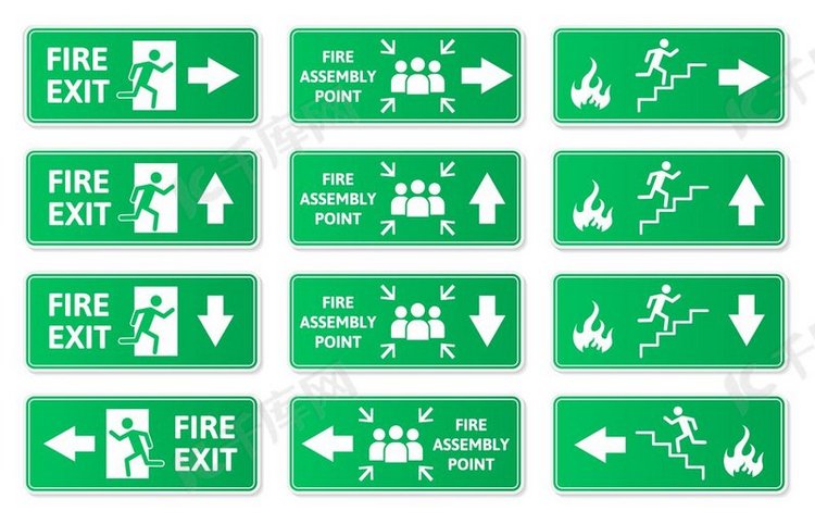 紧急出口绿色标志、消防出口、消防集结点符号。背景图片免费下载_海报banner/高清大图_千库网(图片编号6307808)