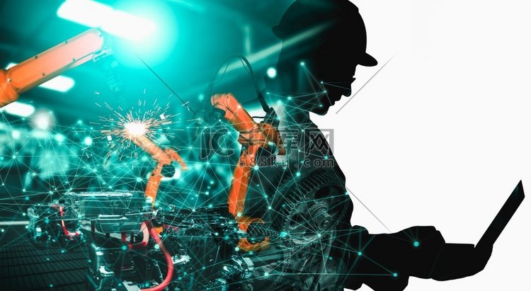 未来工厂双重曝光图像机械化工业。卡通动漫人物工艺品高清摄影大图-千库网