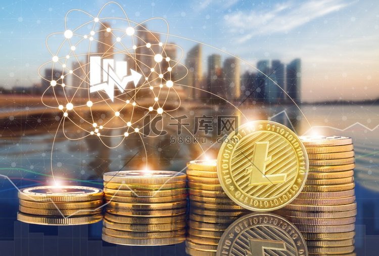 Litecoin LTC 和 cryptocurrency 投资概念-具有城市背景和交易所市场交易价格图表的物理 Litecoin 硬币。高清 ...