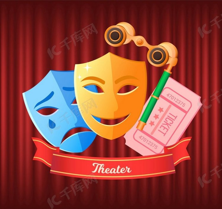 喜剧和戏剧面具矢量、伪装和双筒望远镜平面风格。背景图片免费下载_海报banner/高清大图_千库网(图片编号6325395)