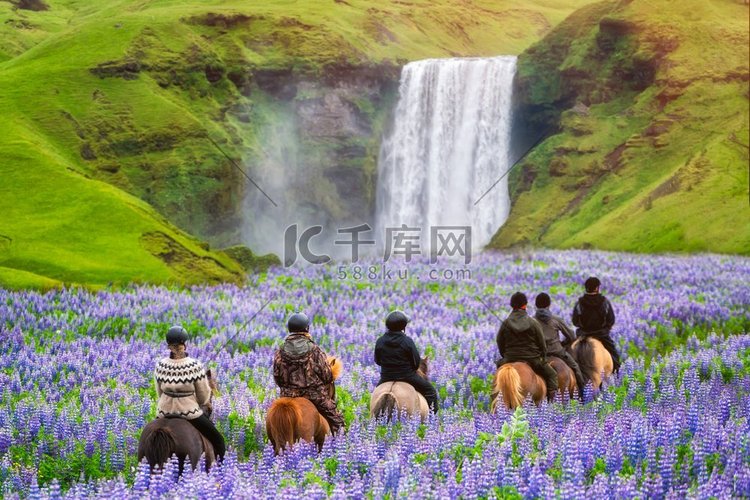 夏季，游客们在冰岛乡村雄伟的斯科加瀑布 (Skogafoss Waterfall) 骑马。 高清摄影大图-千库网