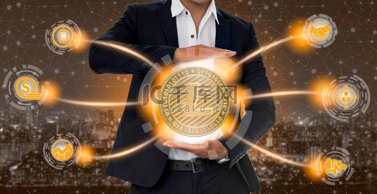 Litecoin 和 cryptocurrency 投资概念-商人持有 Litecoin (LTC) 与移动应用程序业务图标显示区块链技术的 ...