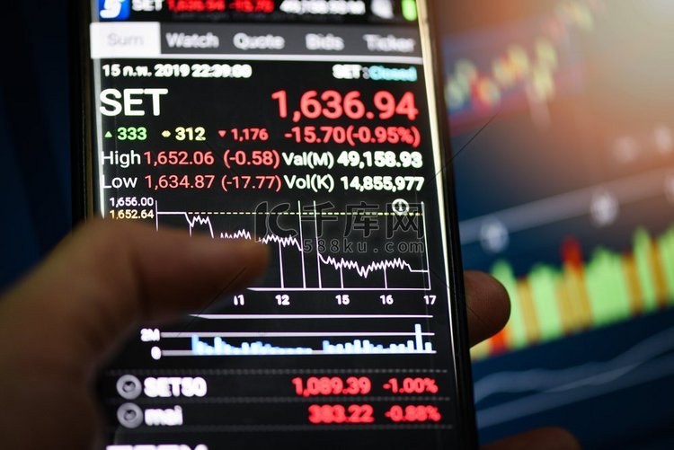 泰国曼谷-2019 年 2 月 15 日：SET 指数-泰国证券交易所在智能手机上的应用与图表指标分析投资在移动屏幕上进行在线交易高清摄影大图-千库网