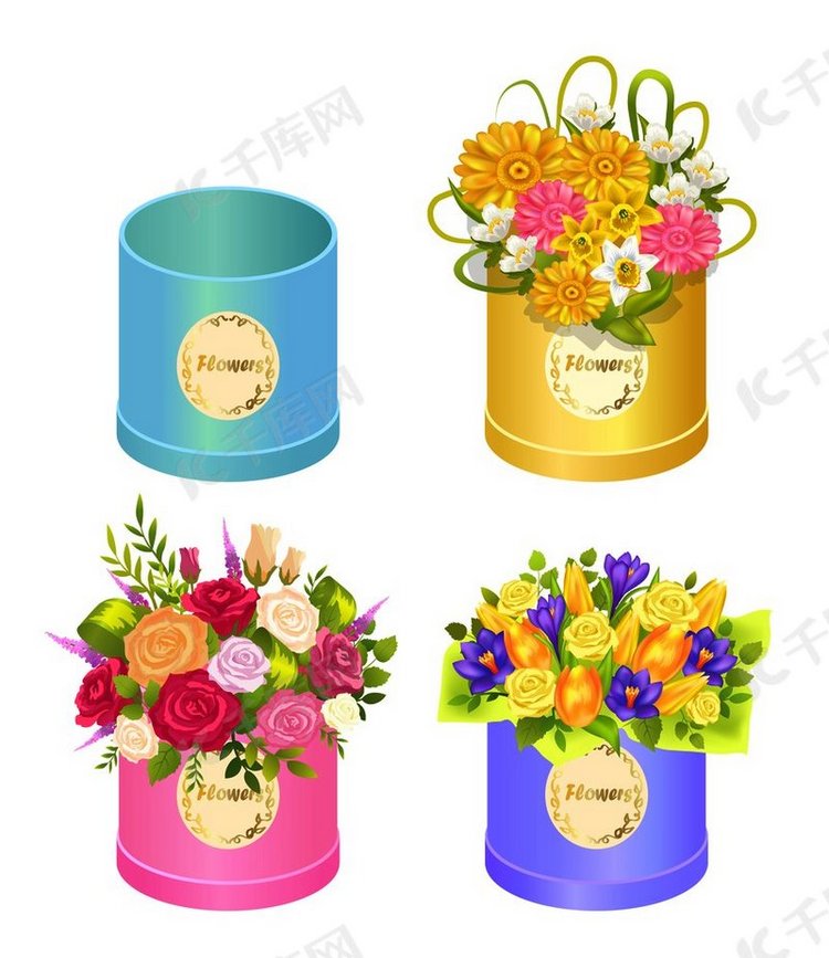 盒子里的花是春天美味的花束，上面有玫瑰、鲜艳的雏菊和番红花，圆形纸盒中的矢量插图在白色上被隔离。背景图片免费下载_海报banner/高清大图 ...